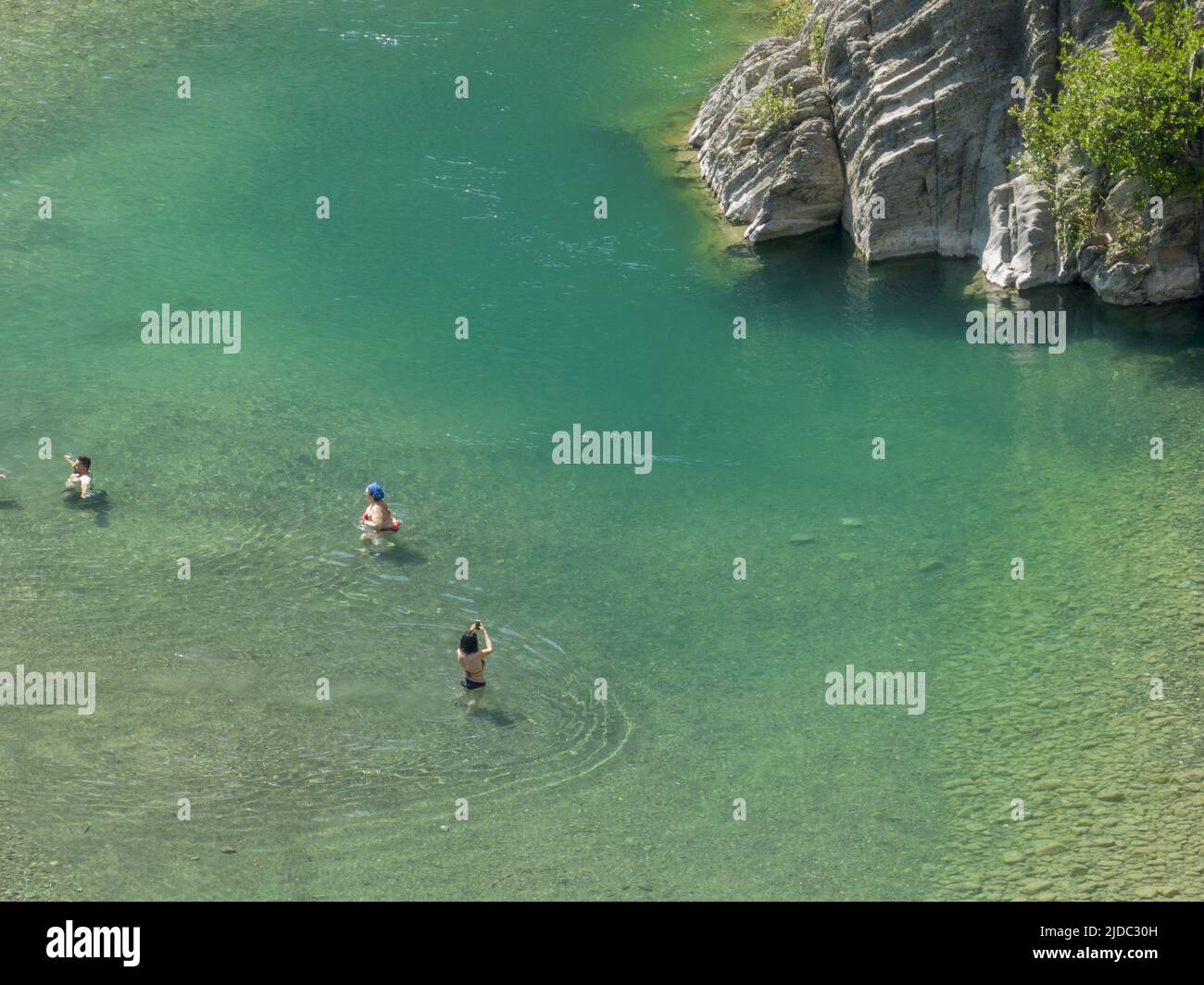 Aerial view of the Trebbia river in Val Trebbia. Beaches for swimming ...