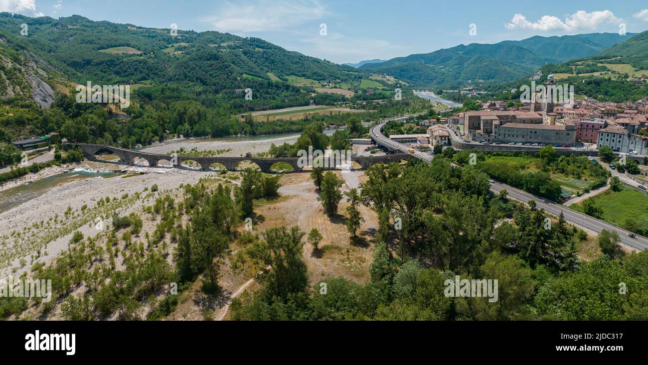 Aerial view. Drought and dry rivers. Roman bridge of Bobbio over the ...