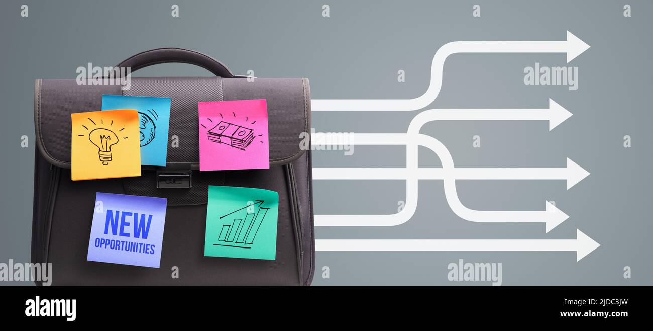 Sticky notes with business concepts on a briefcase and arrows going ...