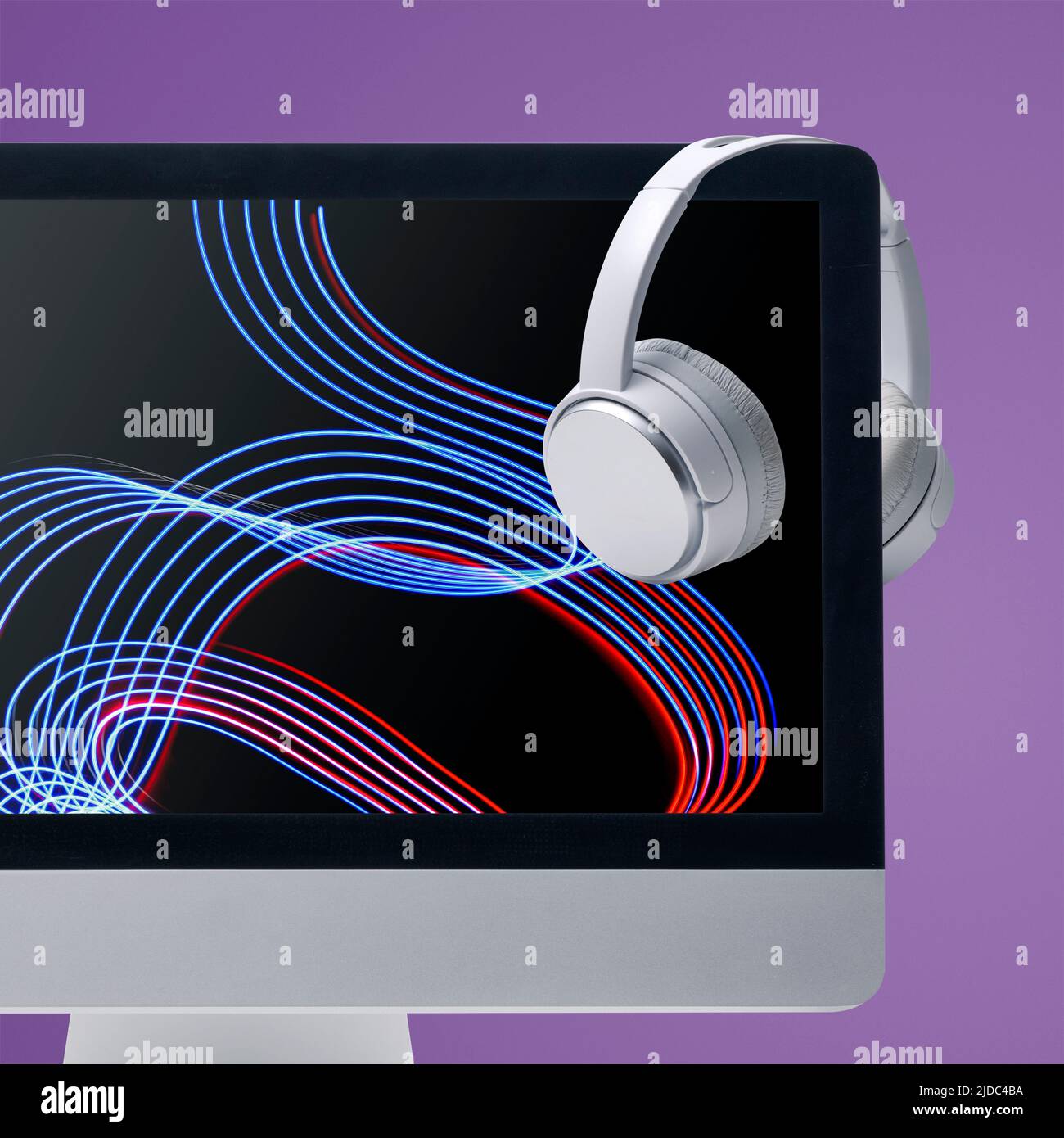 Computer with sound waves video and wireless headphones, online video ...