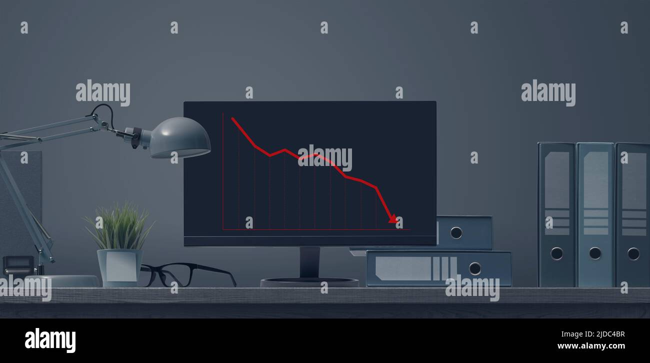 Financial chart on computer screen showing loss and business failure ...