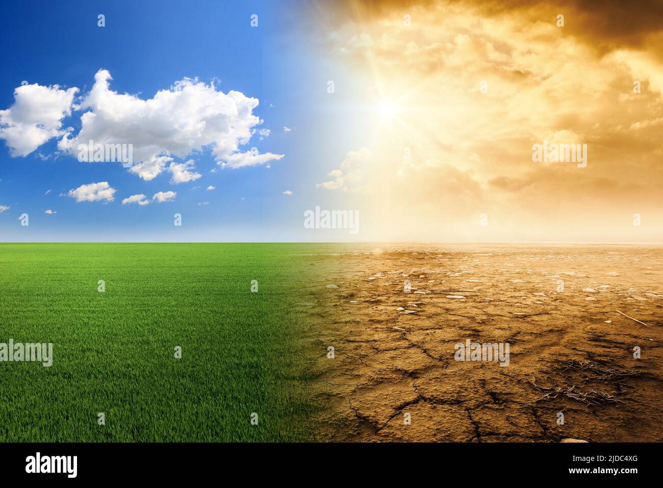 Green meadow field with sun and clouds. Concept of climate change ...