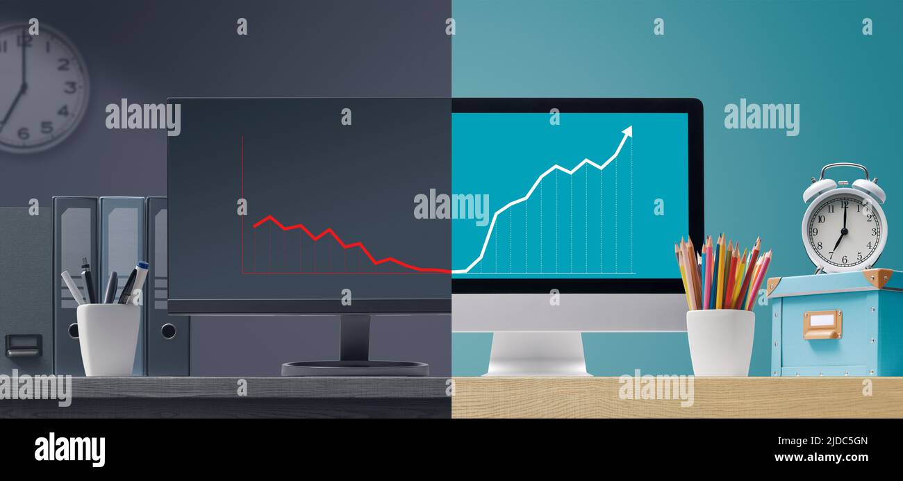 Computers showing negative and positive financial trends chart ...