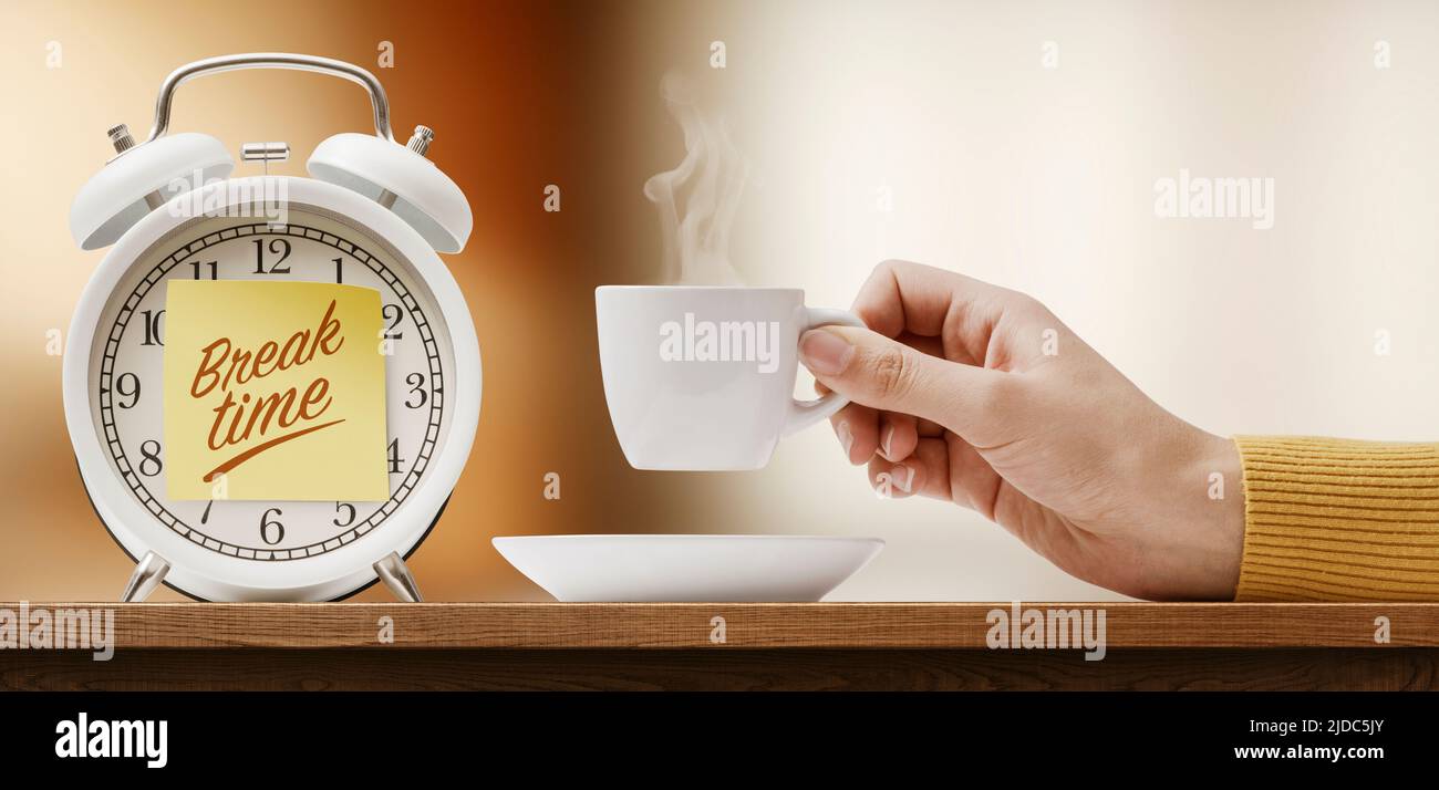Alarm clock with sticky note and woman having a coffee break Stock ...