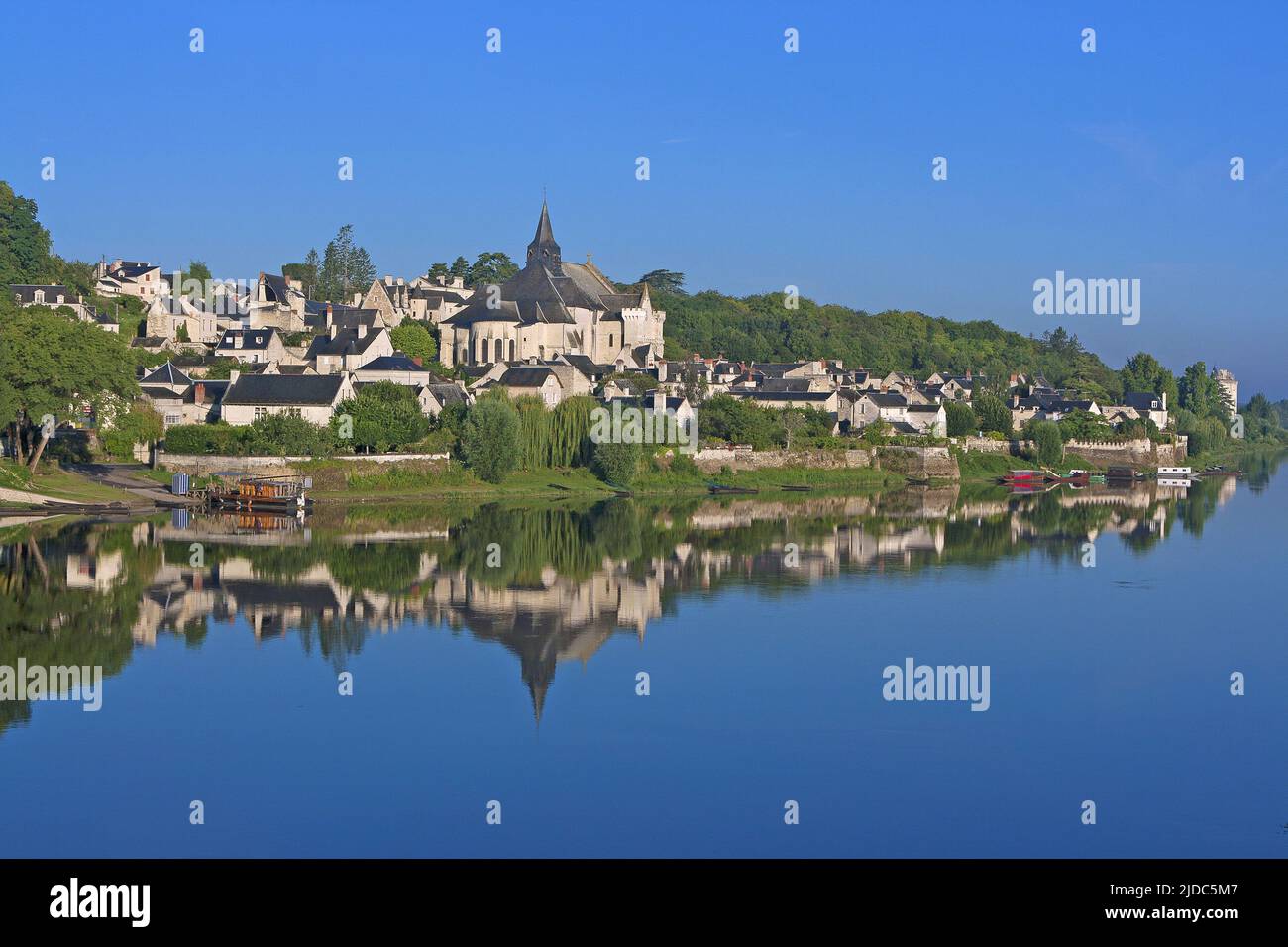 France, Indre-et-Loire Candes-Saint-Martin, reflections of the village ...