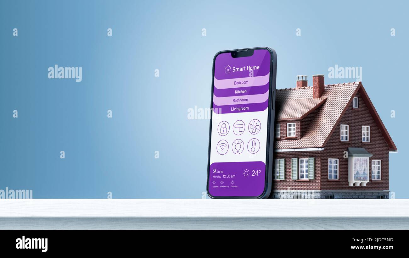 Smart home control app on smartphone and model house, home automation ...
