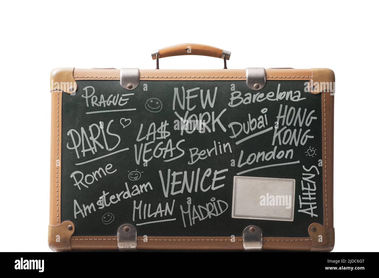 Vintage suitcase with names of capital cities: international travel ...