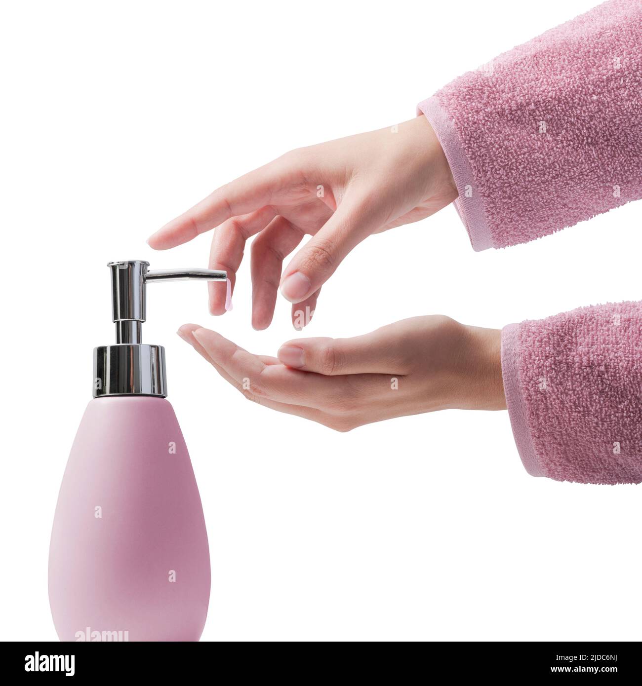 Woman washing her hands, she is pumping soap on white background Stock ...