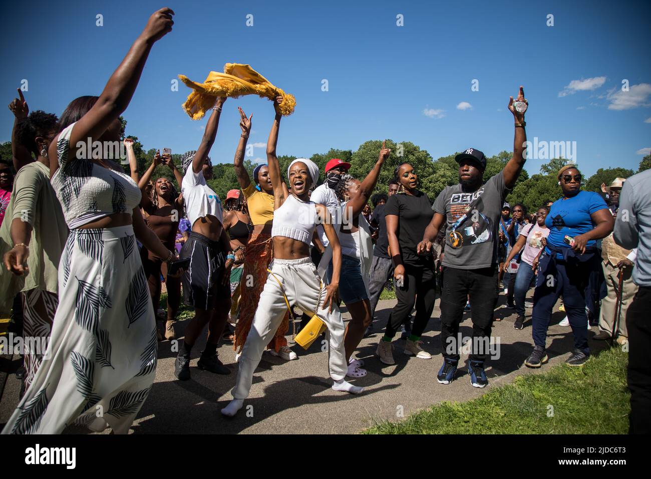 New York, USA. 19th June, 2022. People take part in a celebration of ...