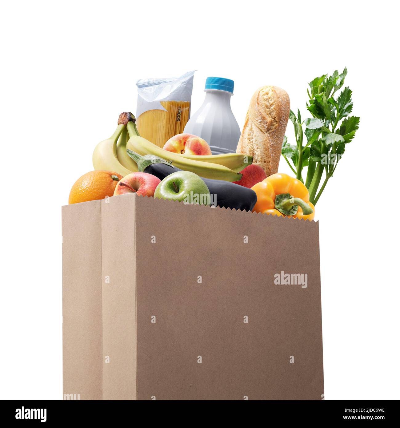 Paper bag full of groceries, grocery shopping concept Isolated on white ...