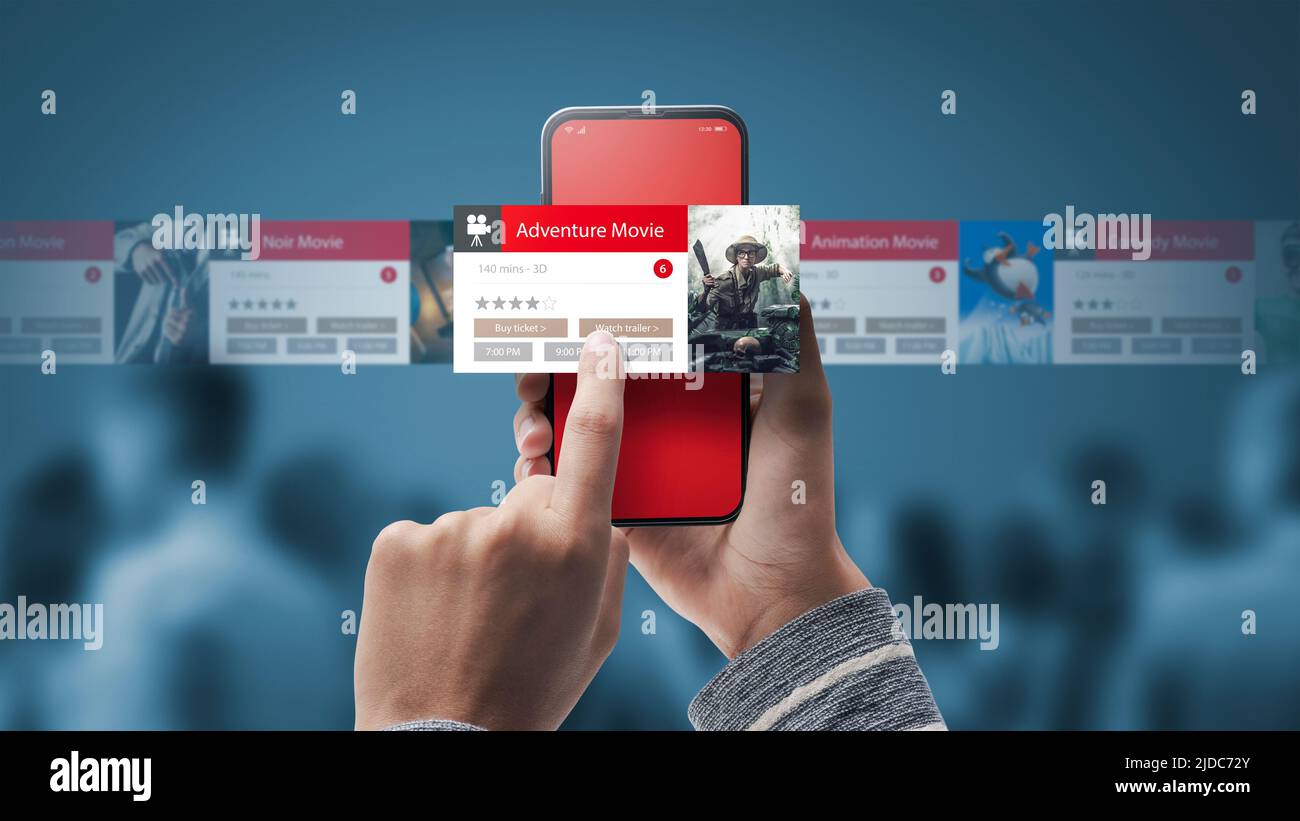 Woman browsing movies online on her smartphone, cinema and ...
