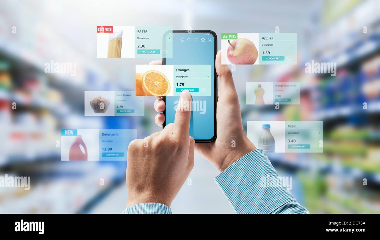 Augmented reality in retail: woman doing grocery shopping and checking ...