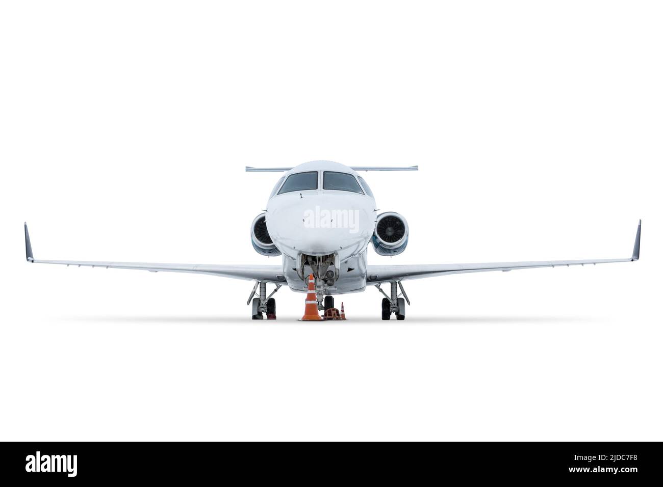 Front view of the modern corporate business jet isolated on white ...