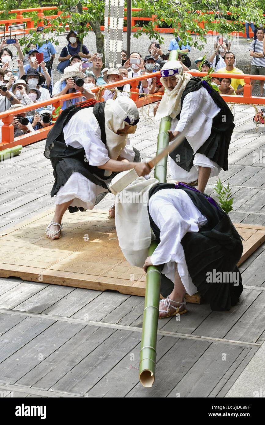 A priest chops a green bamboo log, representing a big snake, during a ...