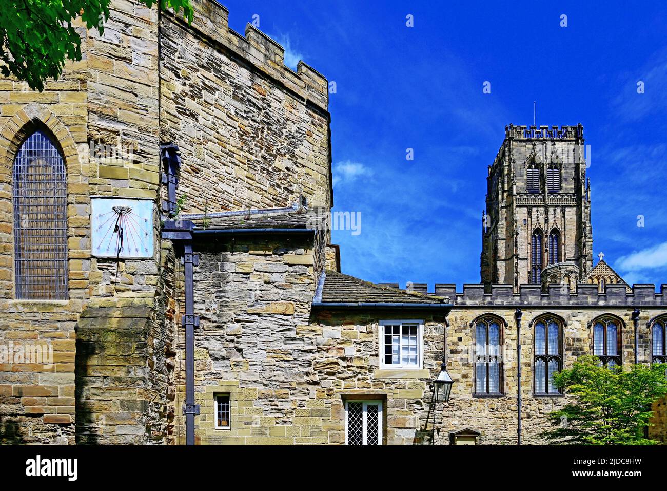 Durham Cathedral main tower with the external vintage sundial against ...