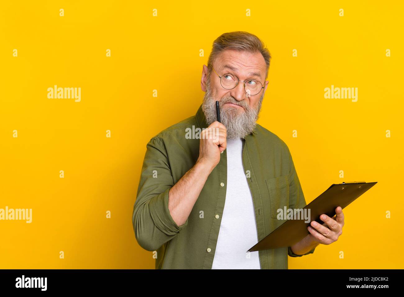 Portrait of minded smart person look interested empty space ponder ...