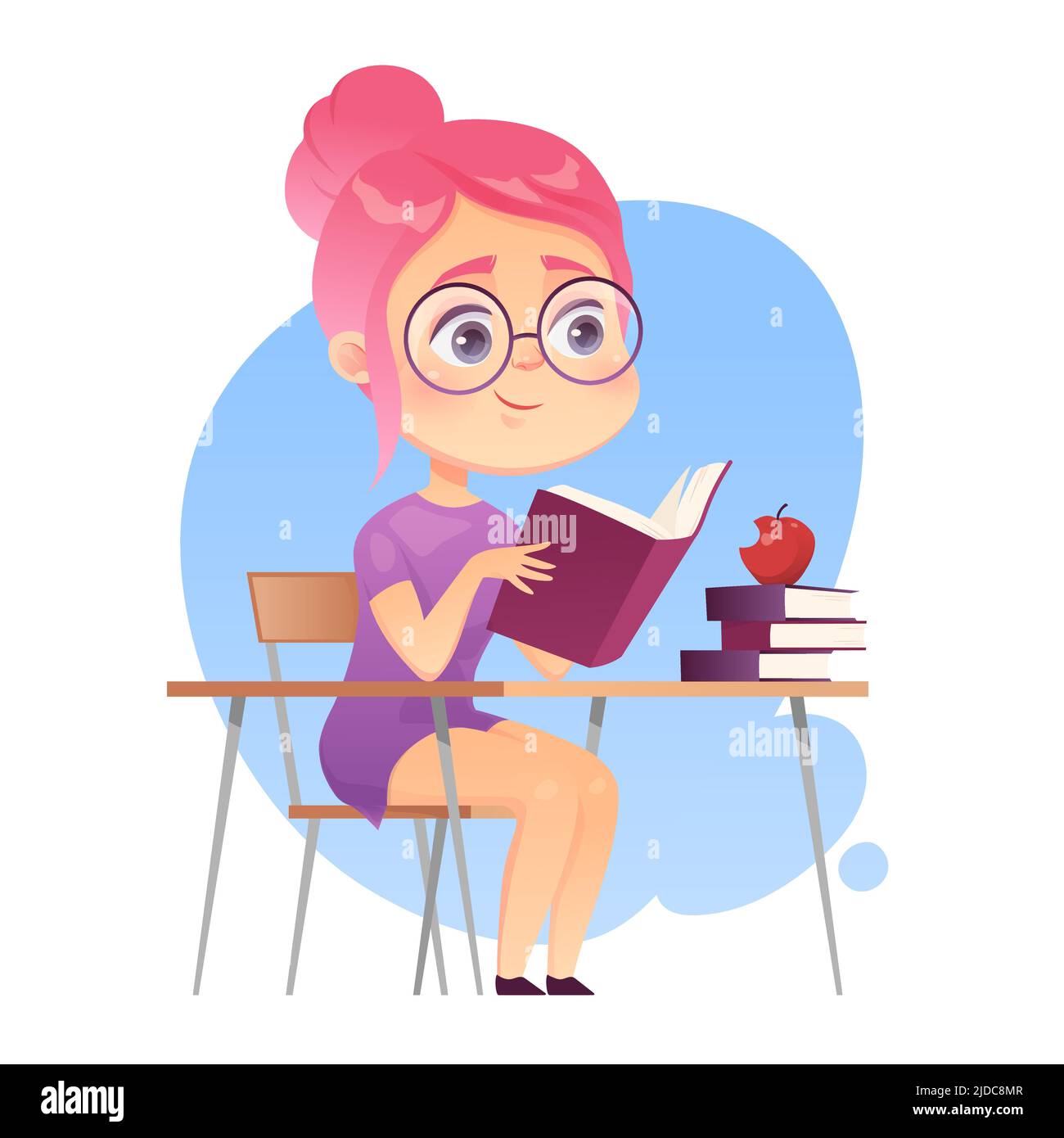 Girl student reading books, doing homework at school or university ...