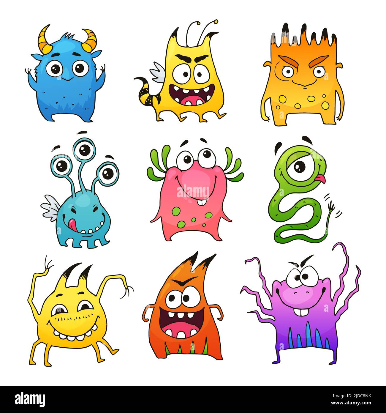 Vector set of cute cartoon monsters. Funny characters in doodle style ...