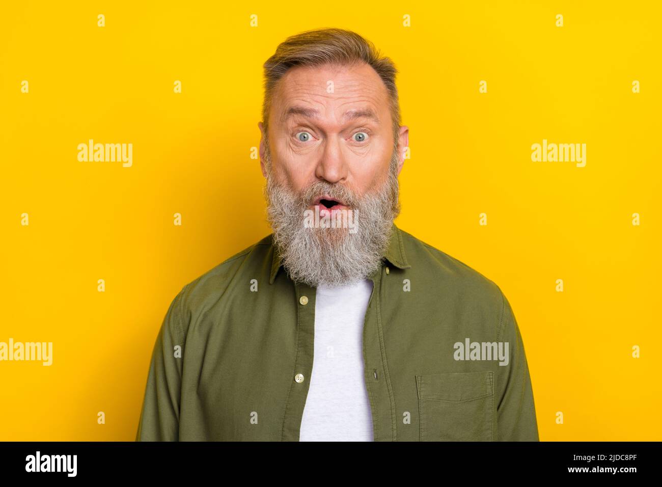 Portrait of shocked aged person pouted lips speechless look camera ...