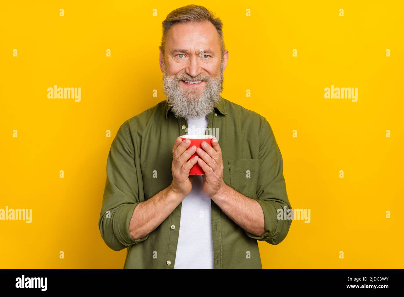 Photo of cheerful positive person hands hold fresh hot coffee cup ...
