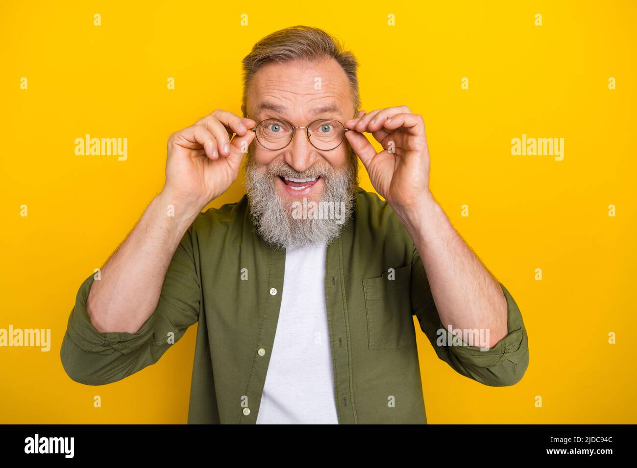 Portrait of excited crazy funky granddad hands touch glasses toothy ...