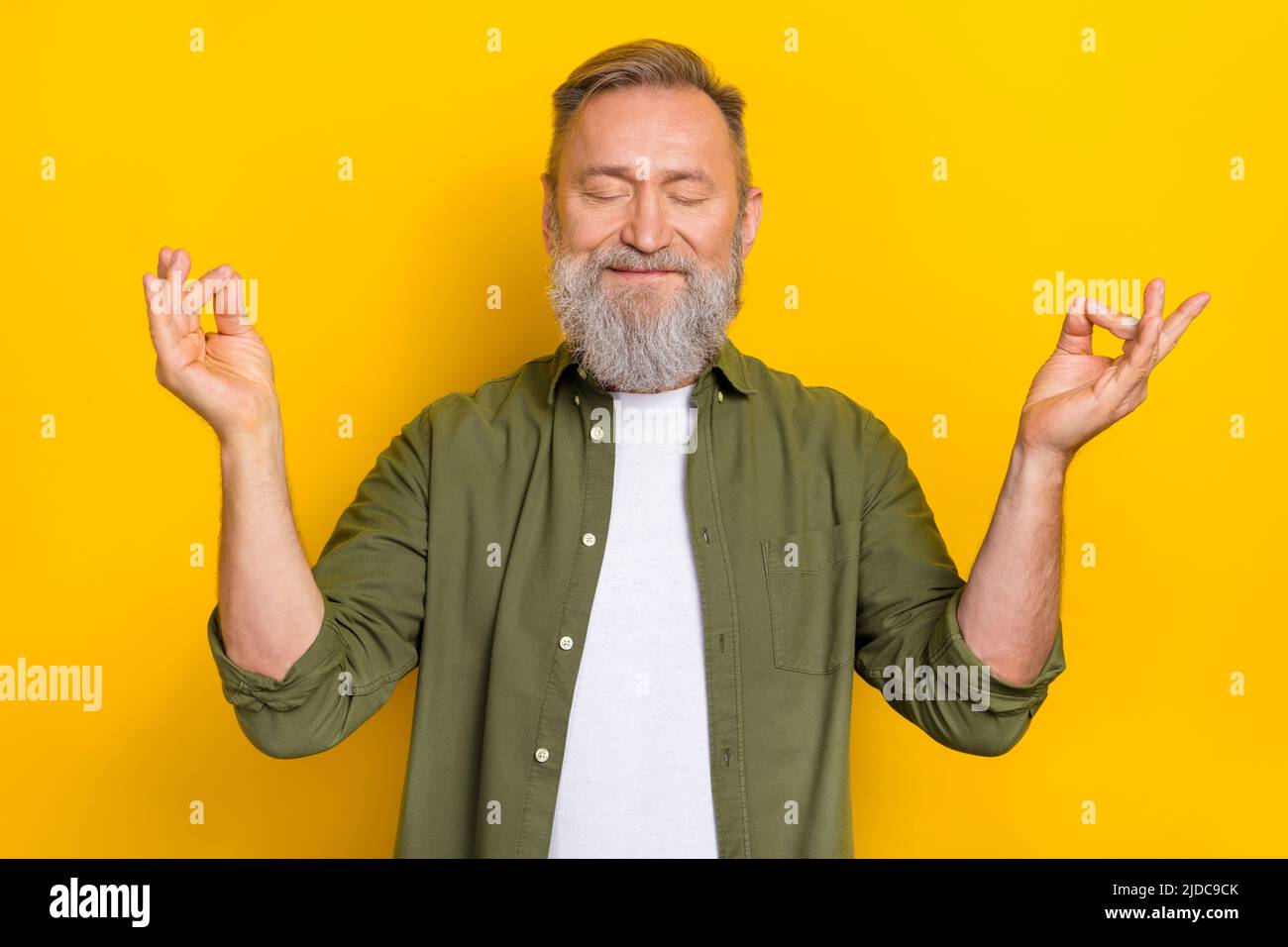 Photo of satisfied peaceful person closed eyes hands fingers meditate ...