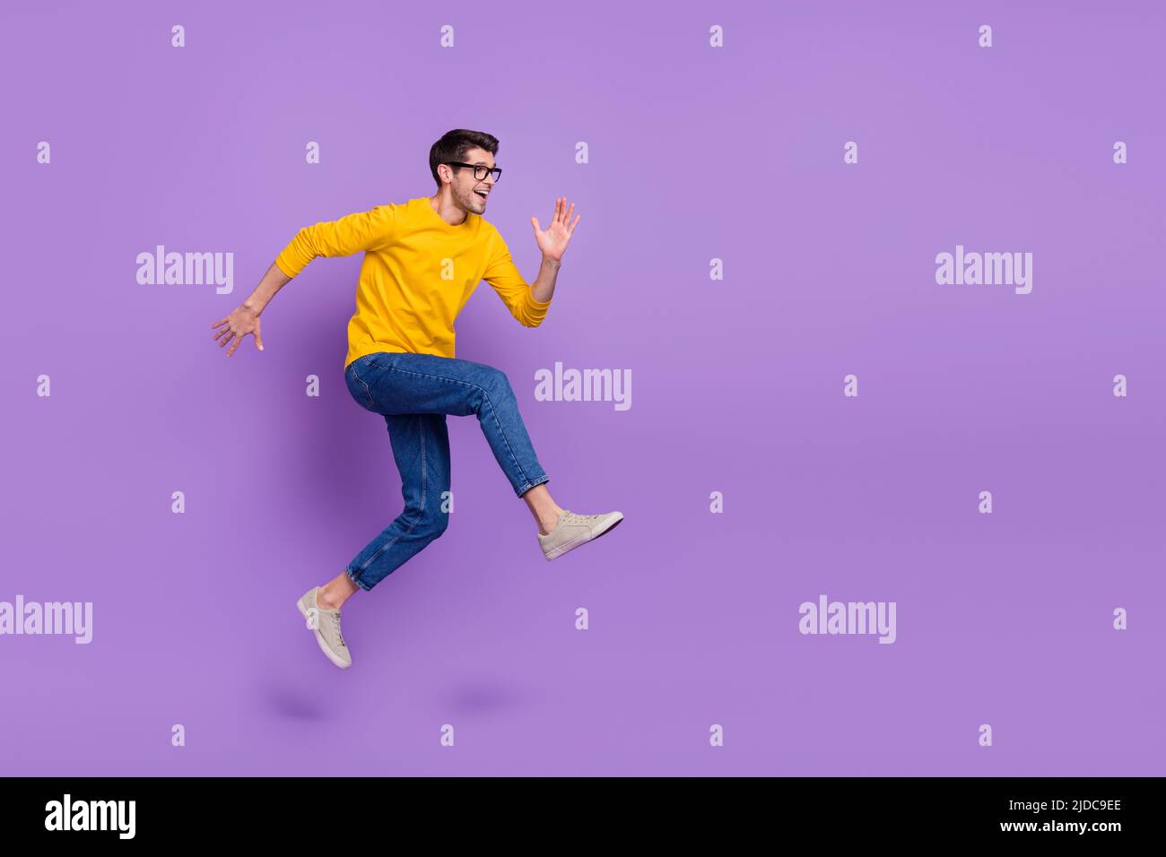 Full length image of overjoyed delighted man running fast speed ...