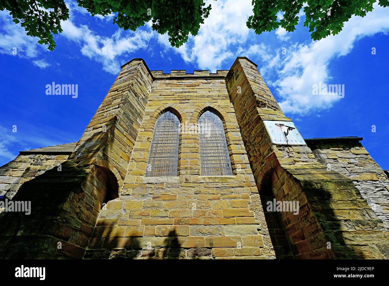 Durham Cathedral ancient walls with the external vintage sundial ...