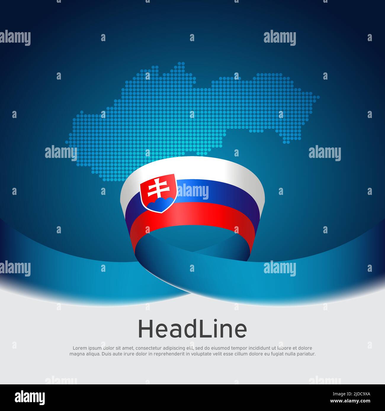 Slovakia flag, mosaic map on blue white background. Wavy ribbon with ...