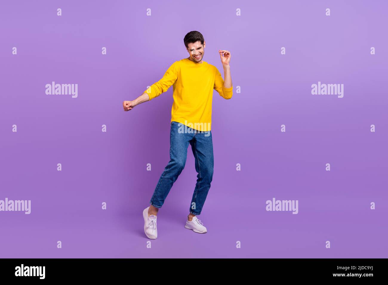 Full size photo of cheerful good mood male have fun dancing enjoy ...