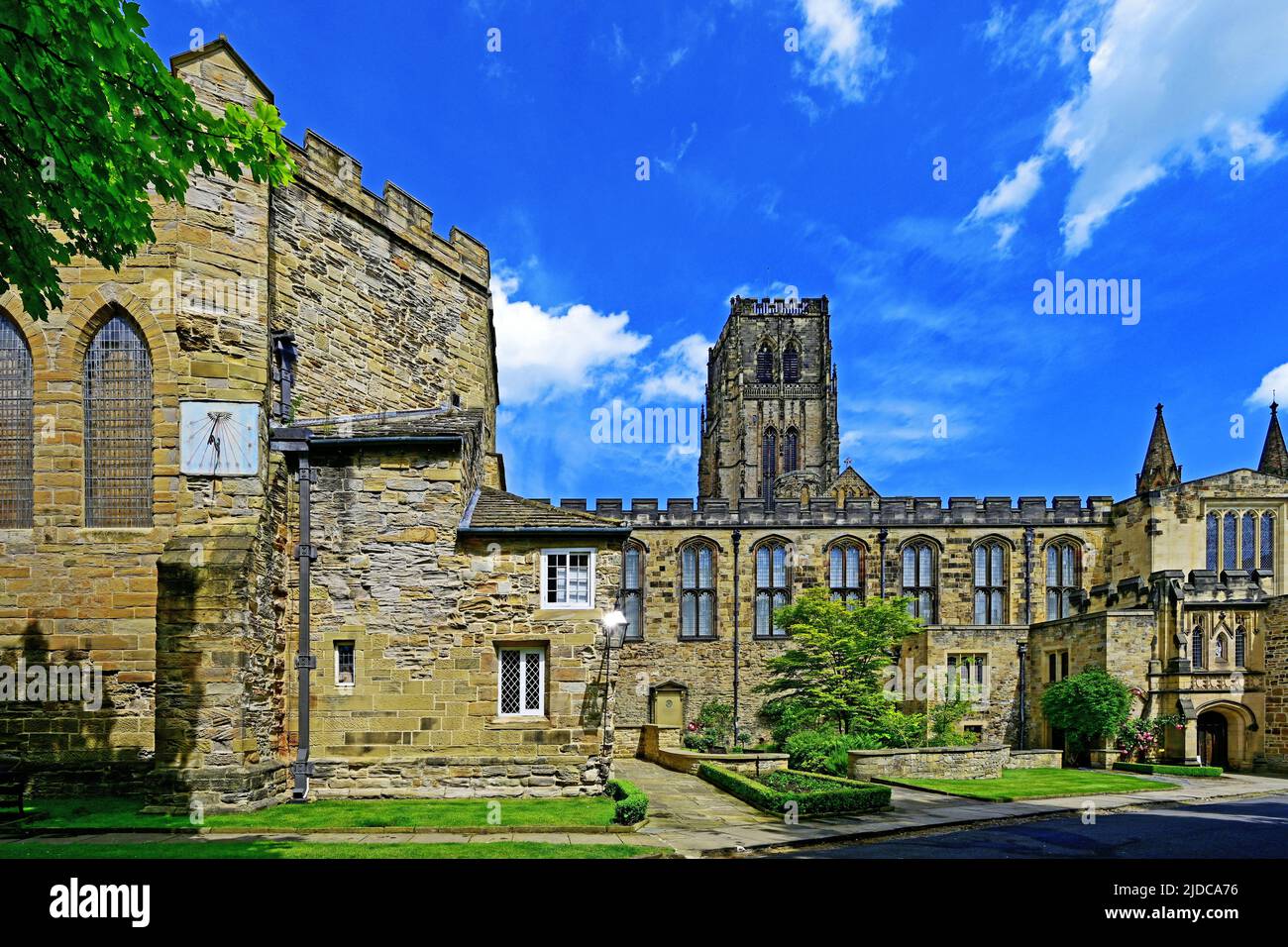 Durham Cathedral main tower with the external vintage sundial against ...