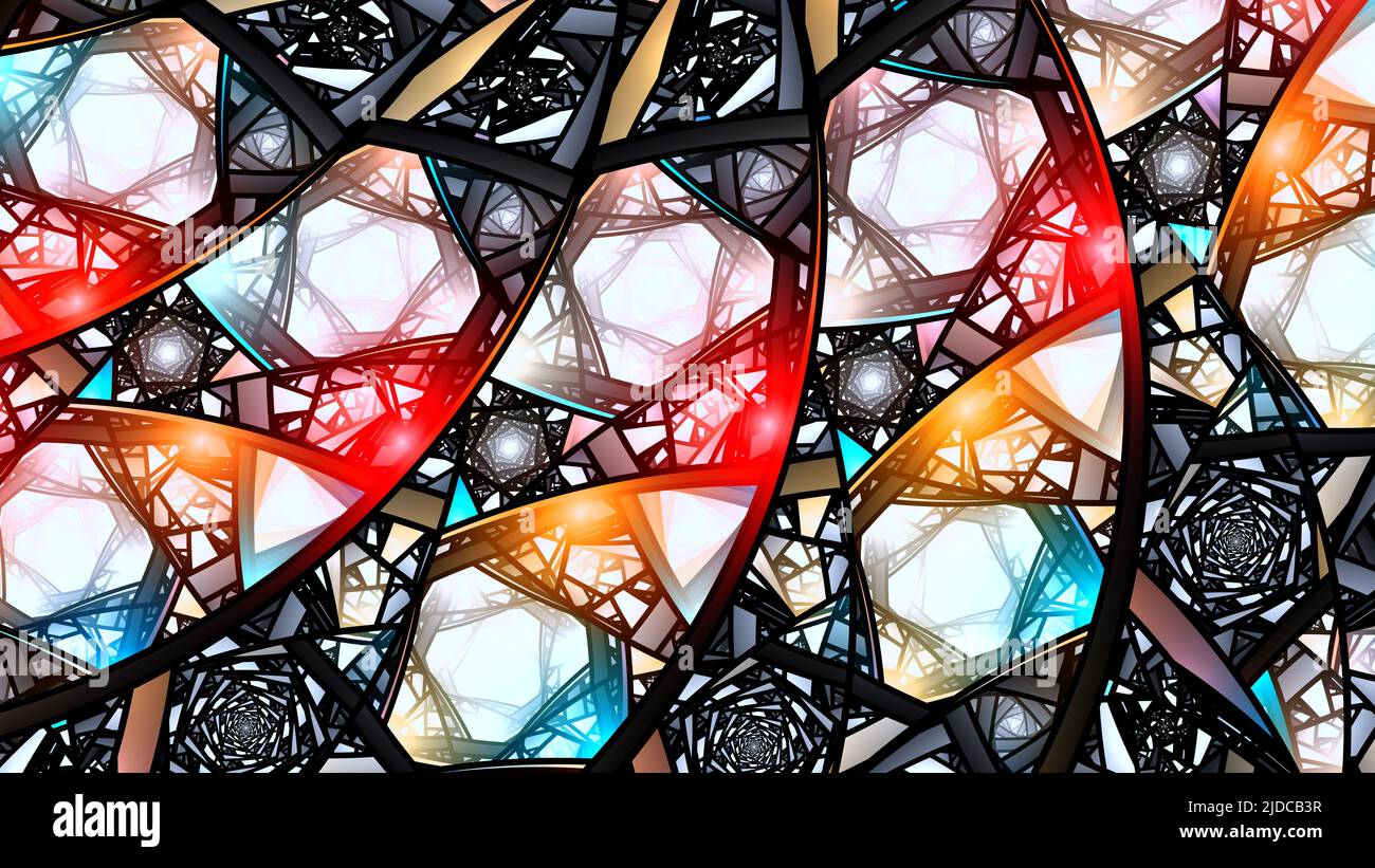 Colorful vibrant glowing stained-glass, computer generated abstract ...