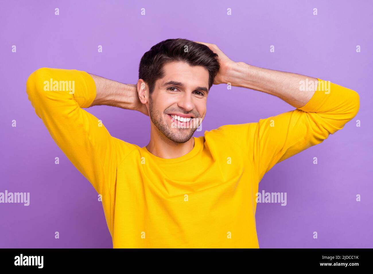 Photo of young attractive male with perfect hairstyle recommend ...