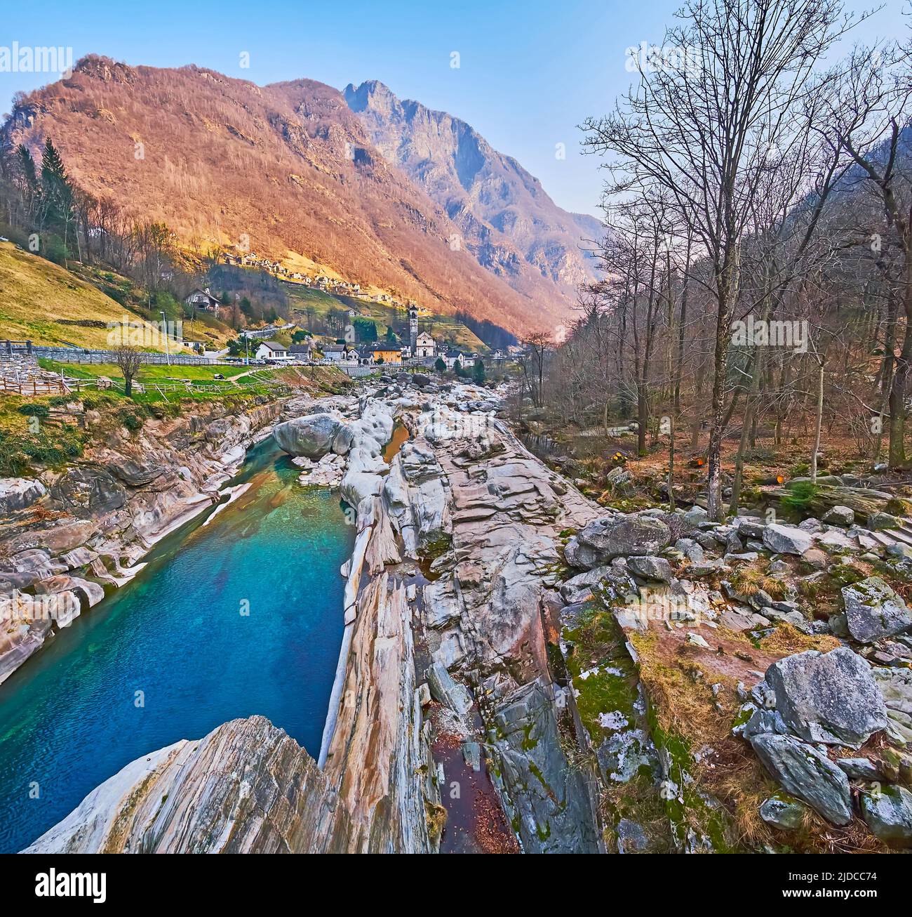 The beautiful landscape of Valle Verzasca with turquoise waters of ...