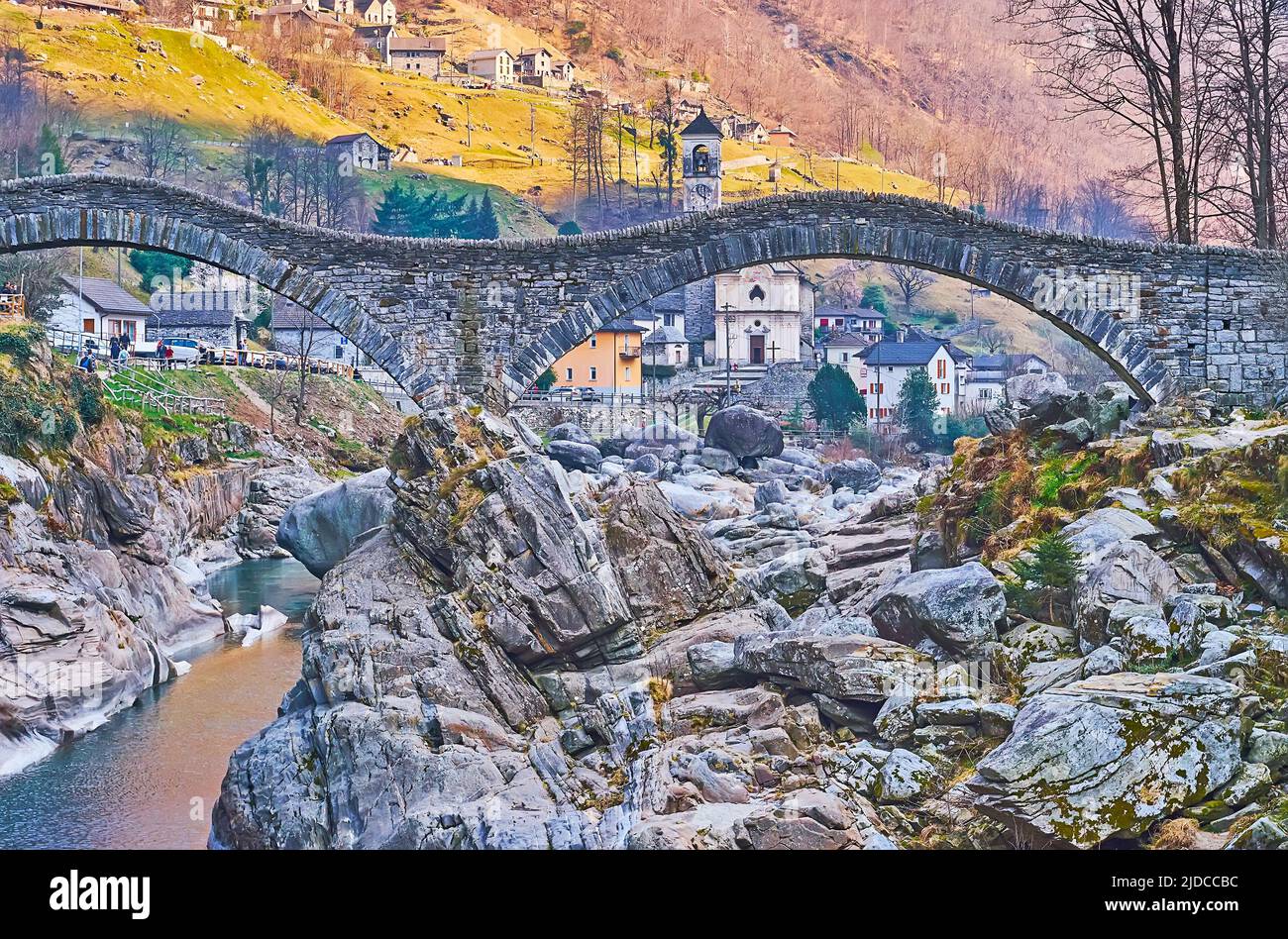 The Salt Bridge, Verzasca River and Santa Maria degli Angeli Church are ...