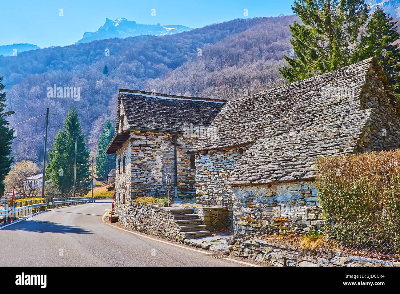 The scenic Alpine stone houses of Costa village of Gerra settlement, Valle Verzasca, Switzerland ...
