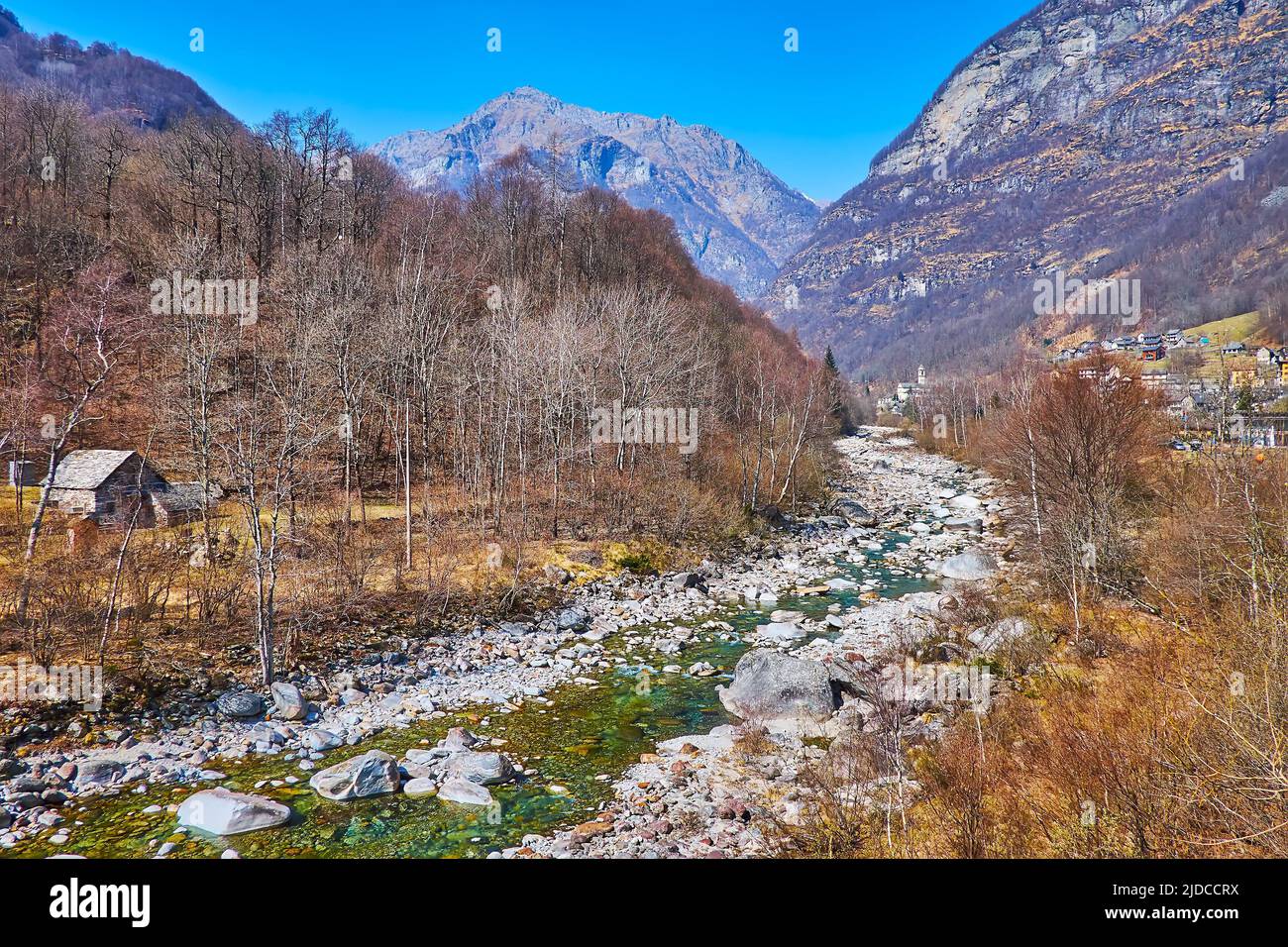The scenic nature of Valle Verzasca with rocky bottom of Verzasca River ...