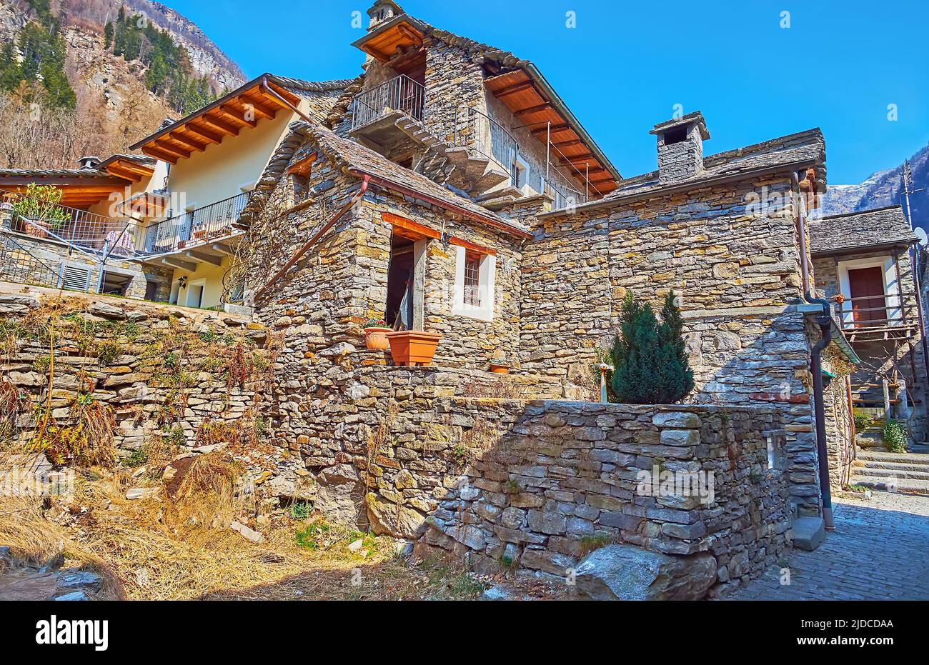 Sonogno village contains of preserved vintage stone houses, traditional ...