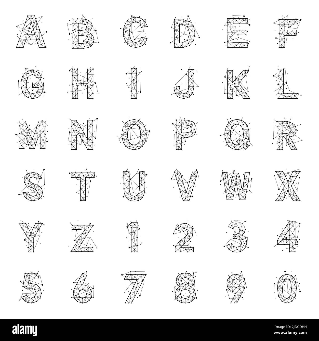 Constellation letters and numbers character made of dots and lines ...