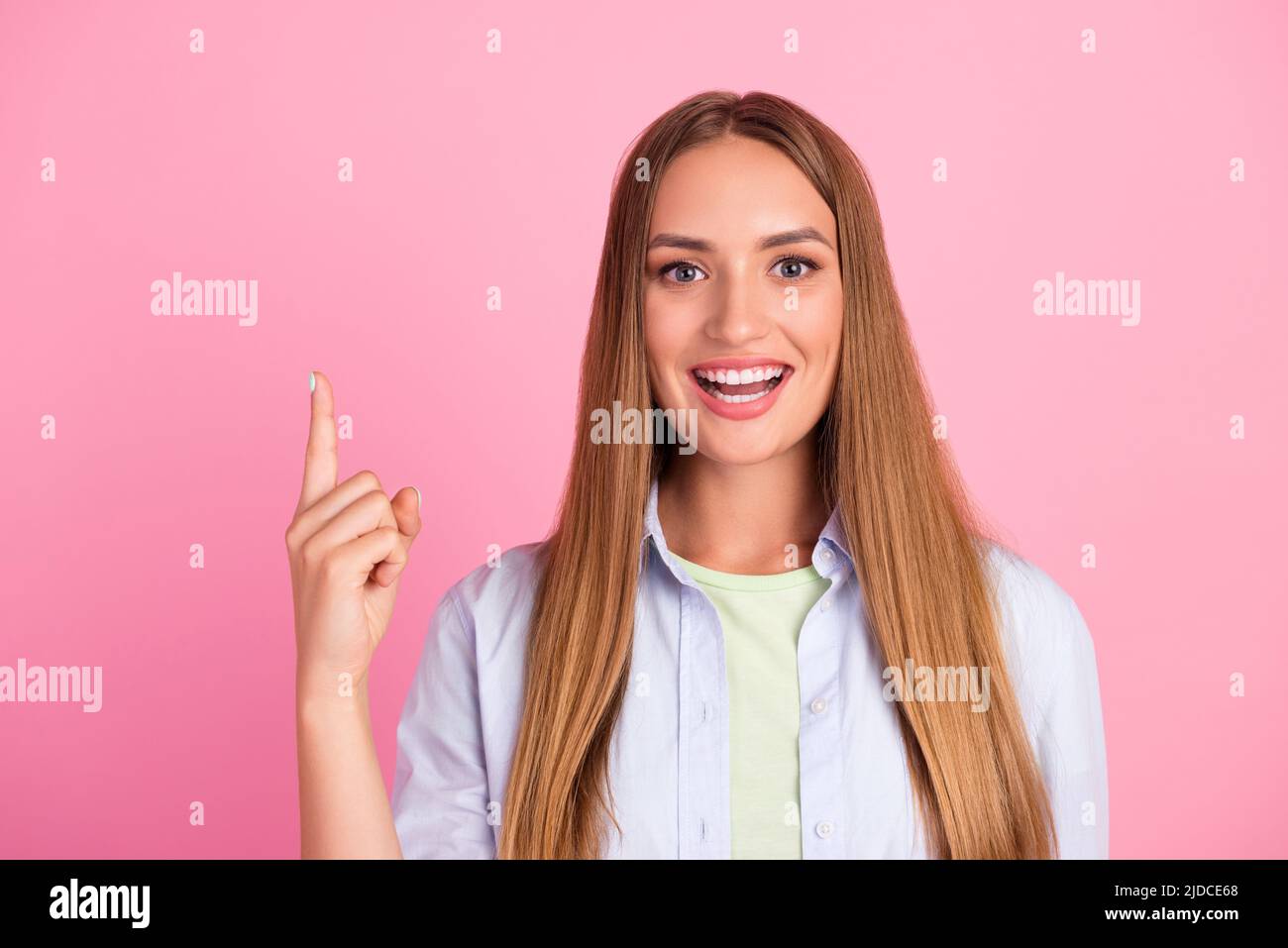 Portrait of pretty cheerful person point finger toothy smile creative ...