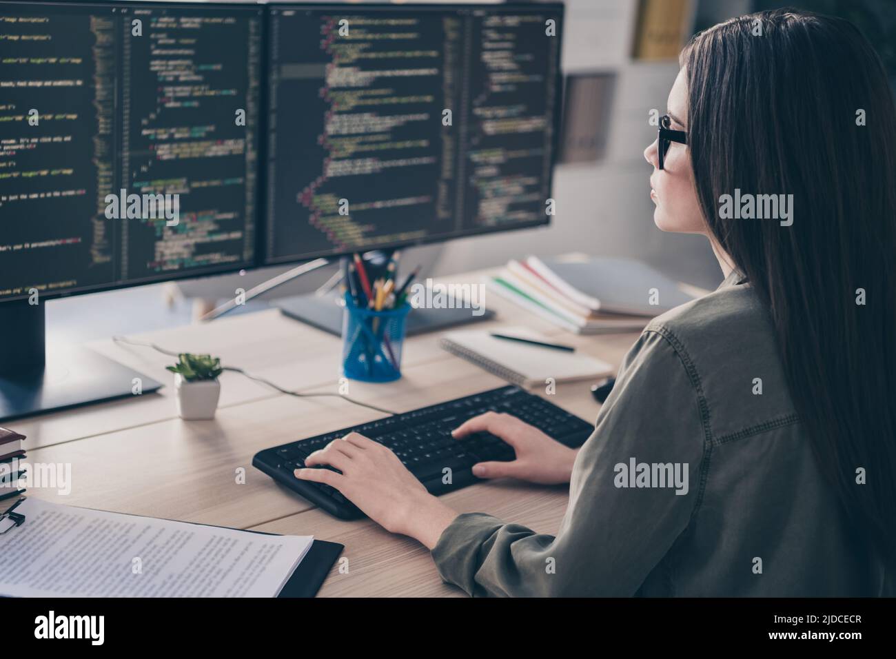 Profile side view portrait of attractive focused qualified girl geek ...