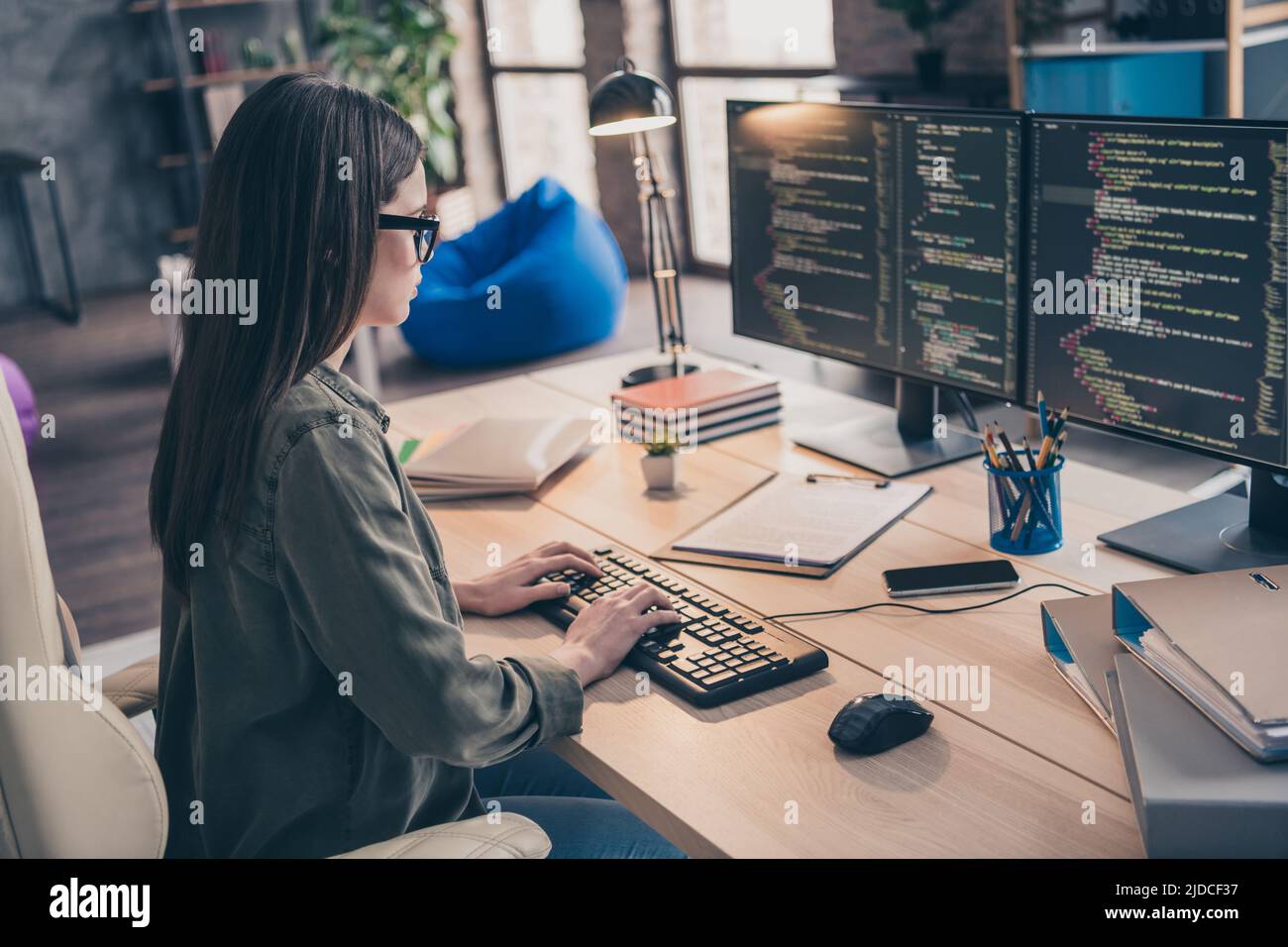 Profile side view portrait of attractive skilled focused girl providing ...