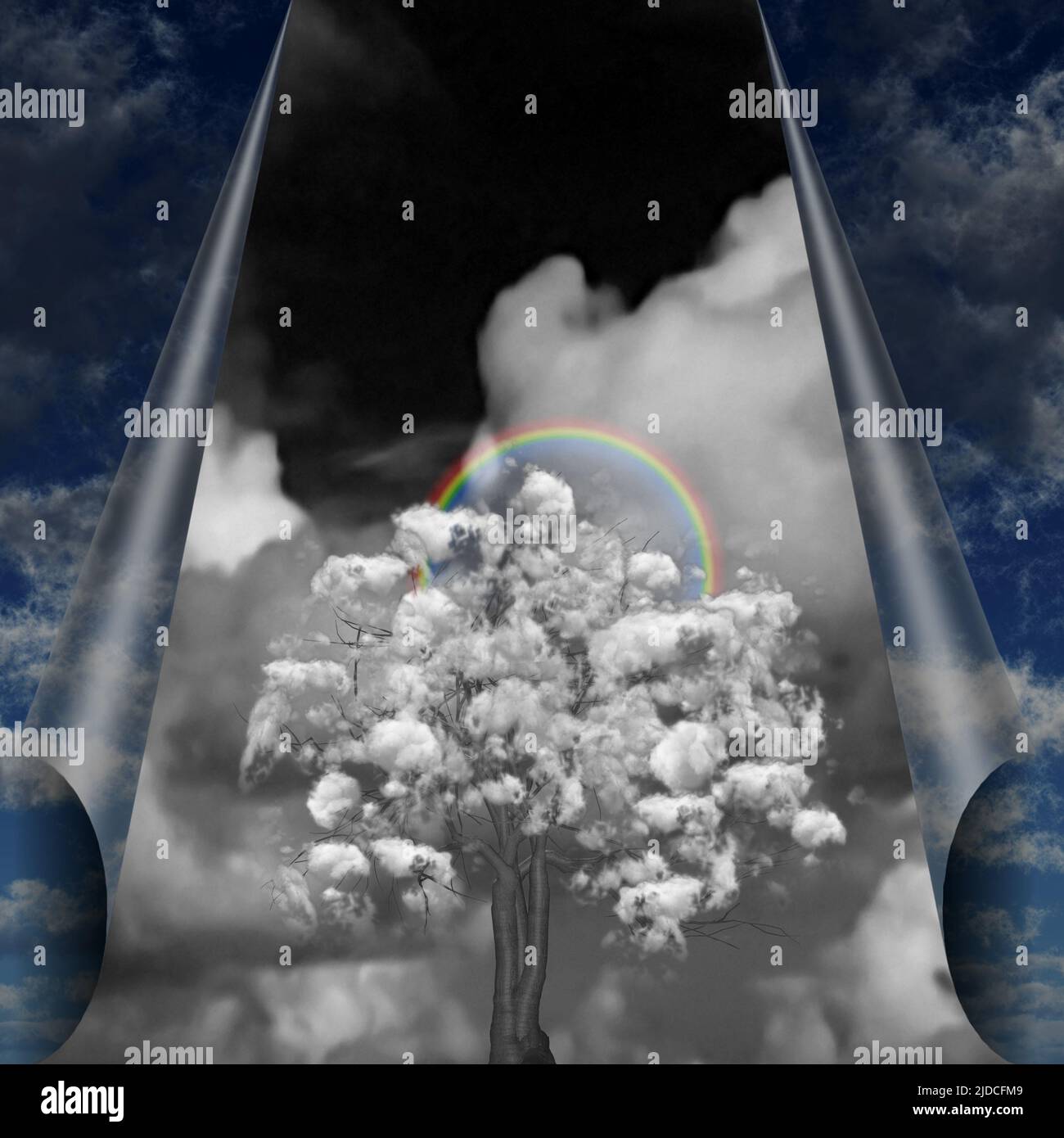 Surreal nature. Clouds tree and rainbow. 3D rendering Stock Photo - Alamy