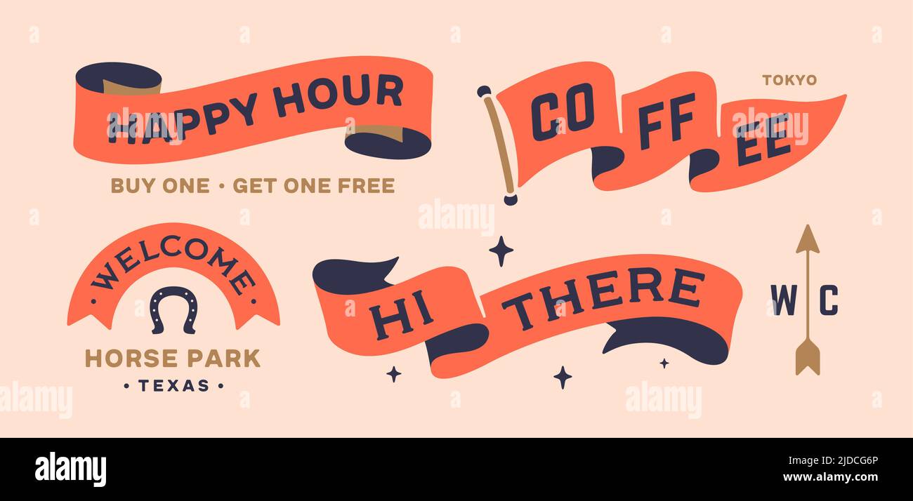 Set vintage graphic. Ribbon, flag, arrow, board with text Welcome ...