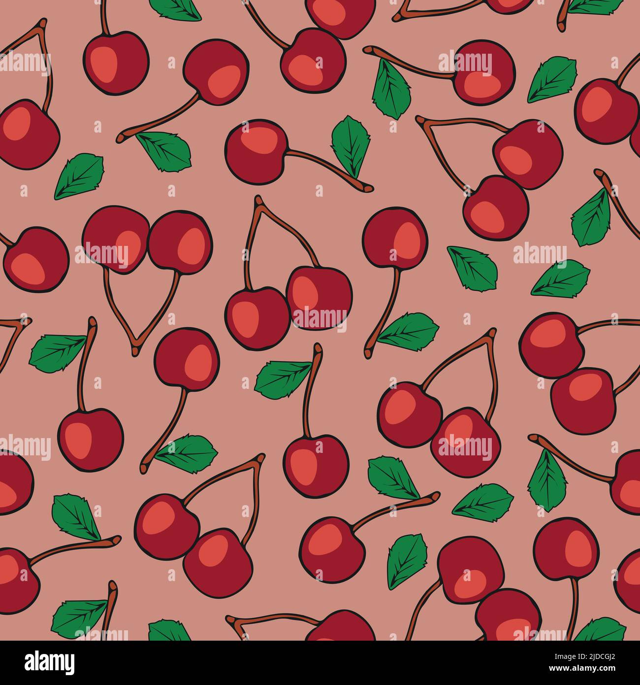 Seamless vector repeat pattern with ripe red cherry berries and leaves ...