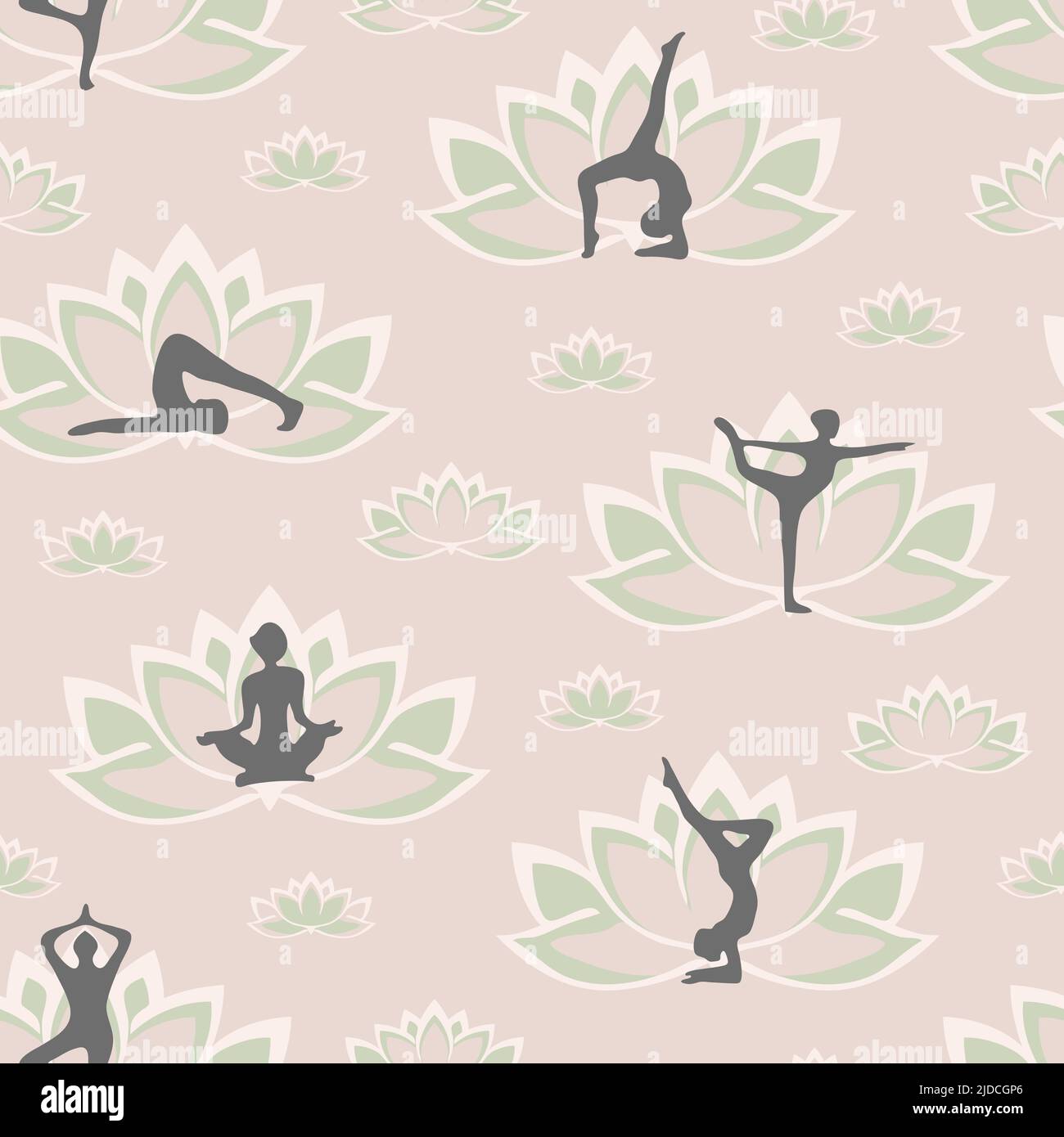 Seamless vector pattern with yoga poses and lotus flower on light pink ...