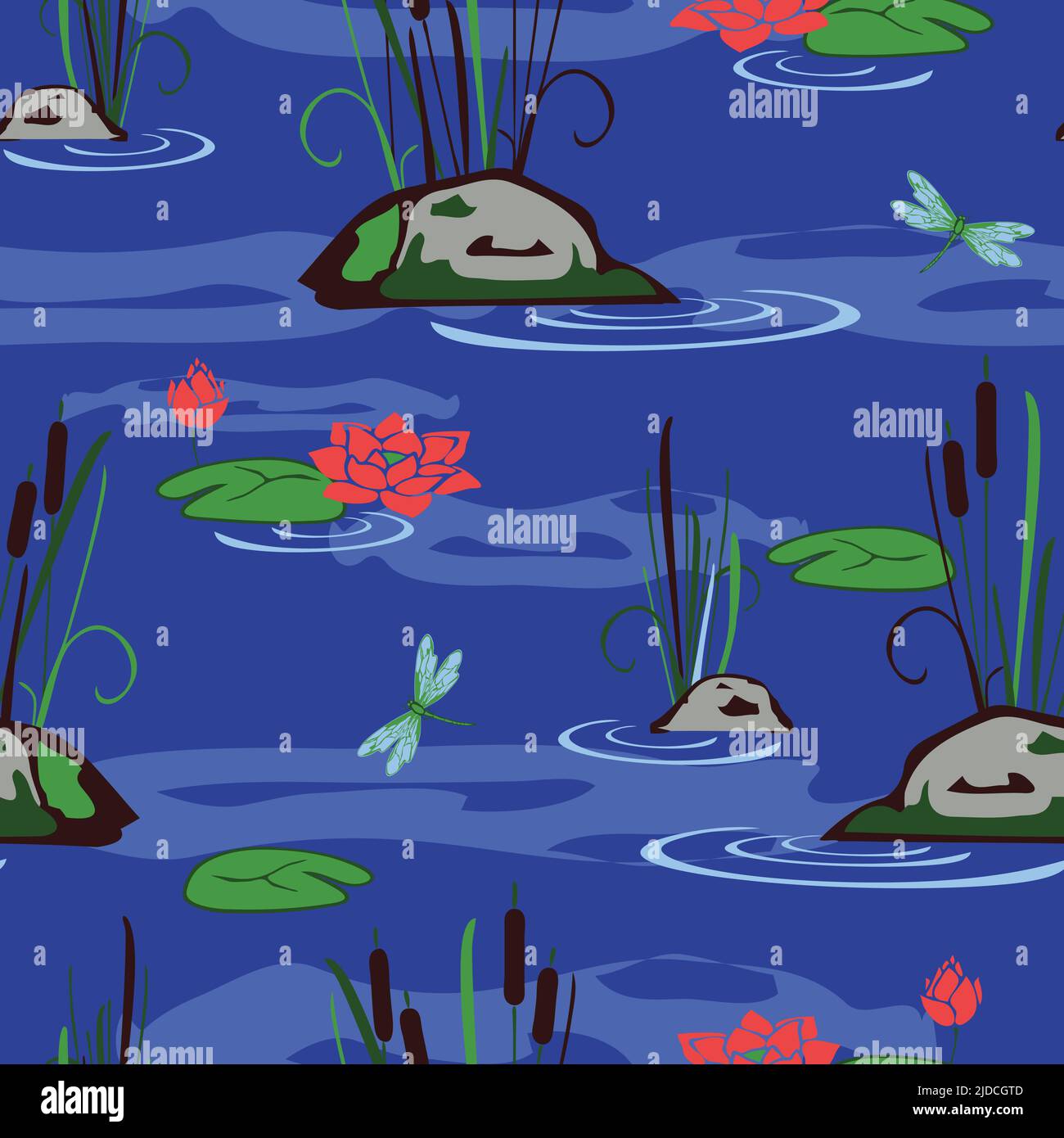 Seamless vector pattern with rocks and dragonfly's in bond. Simple lake ...