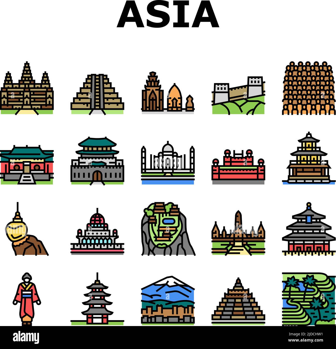 Asia Building And Land Scape Icons Set Vector Stock Vector Image & Art ...