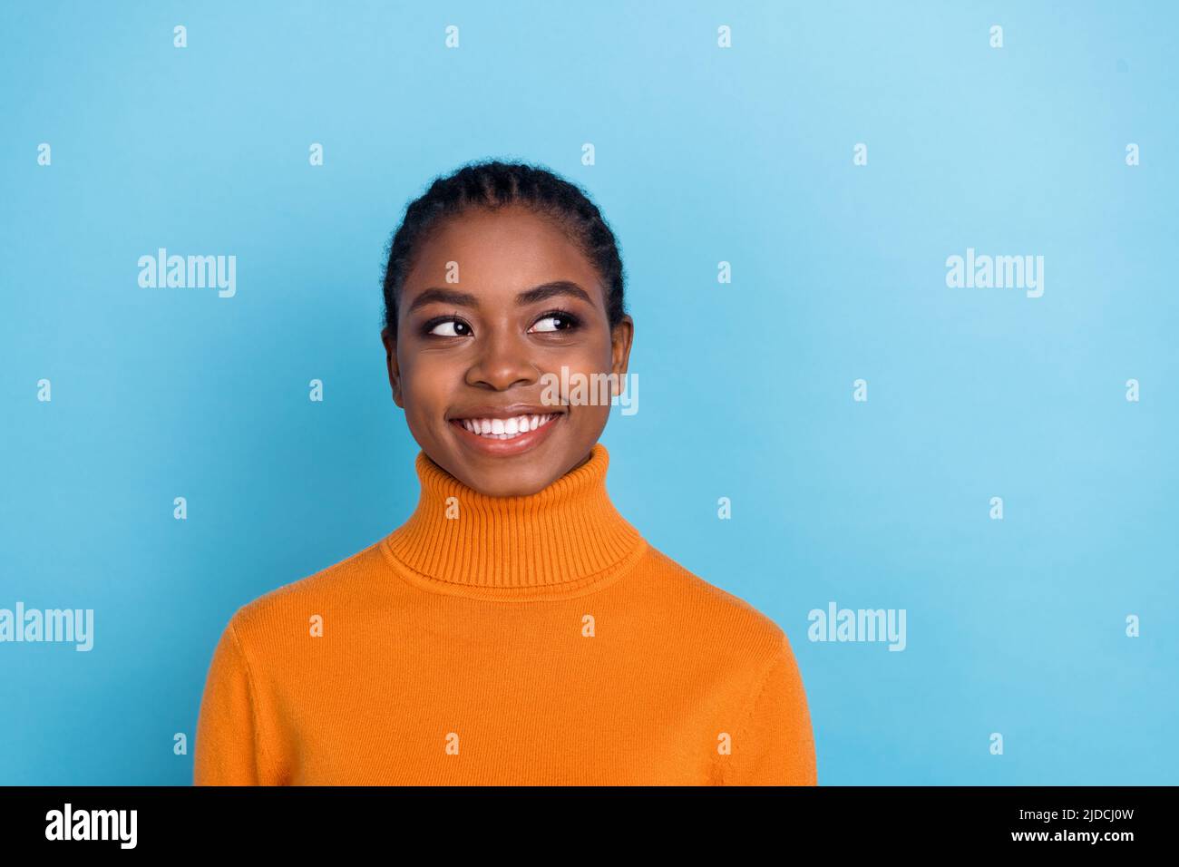 Photo of thoughtful minded smart lady look empty space brainstorming ...