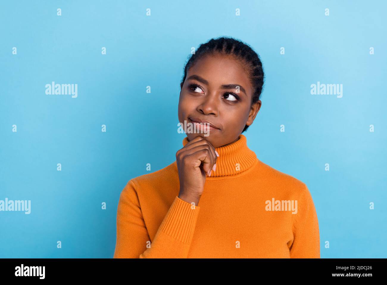 Photo of clever lady look empty space finger chin solve dilemma wear ...